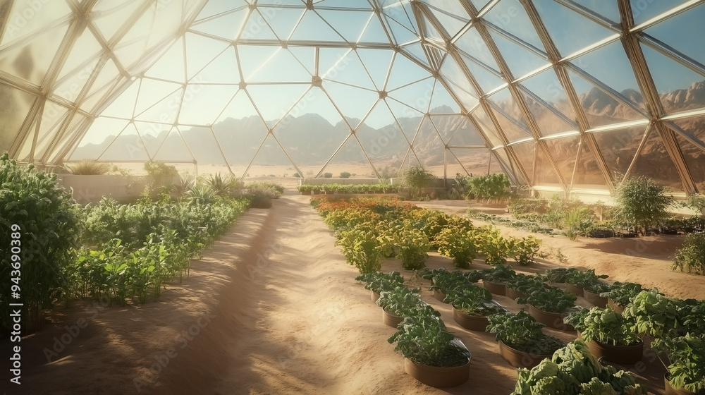 Inside a vast glass dome in a desert, various crops flourish in an ...