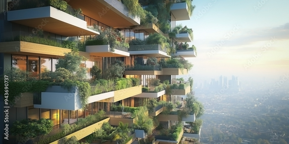 Modern residential complex with lush greenery integrated into the ...