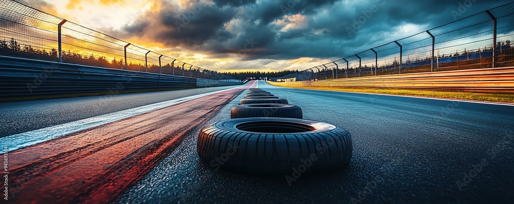 Race track lined with tire barriers and safety fencing, emphasizing the ...