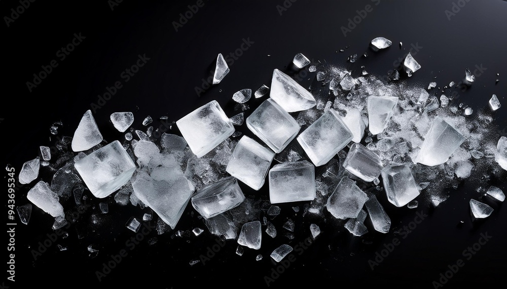 crushed ice on a black background shards of crushed ice spread away the ...
