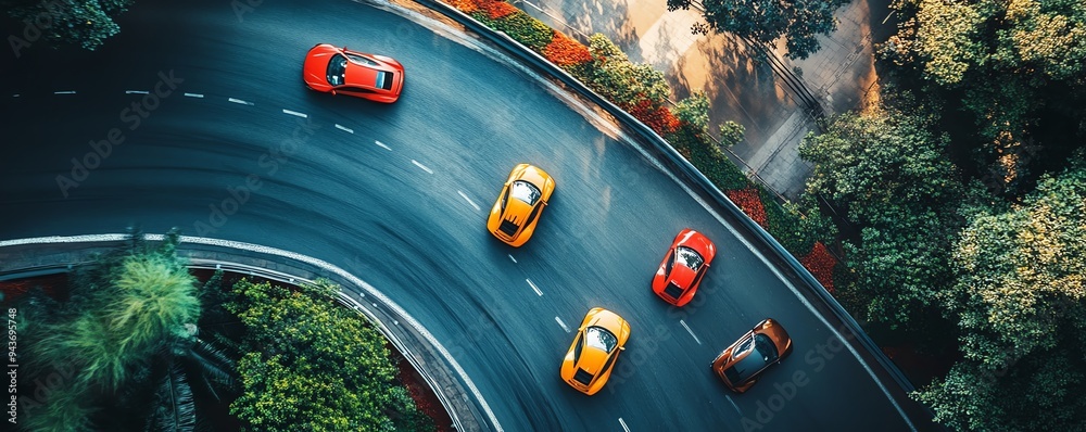Topdown view of a racetrack road with multiple cars navigating a ...