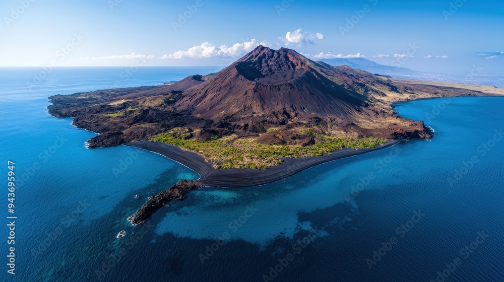 Volcanic island with beaches of black sand and little flora that ...