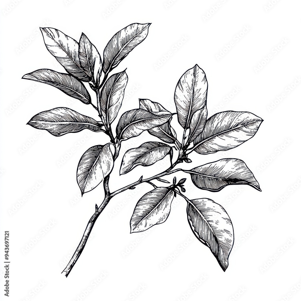 Black and white Vintage engraved art of a sassafras tree branch ...