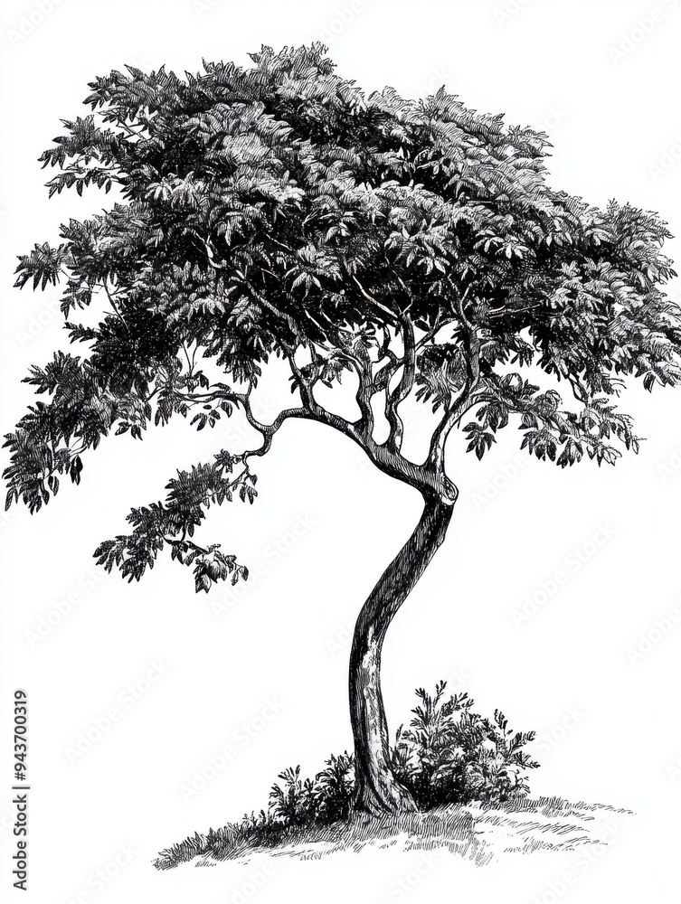 Black and white Vintage engraved art of a tamarind tree, isolated on ...