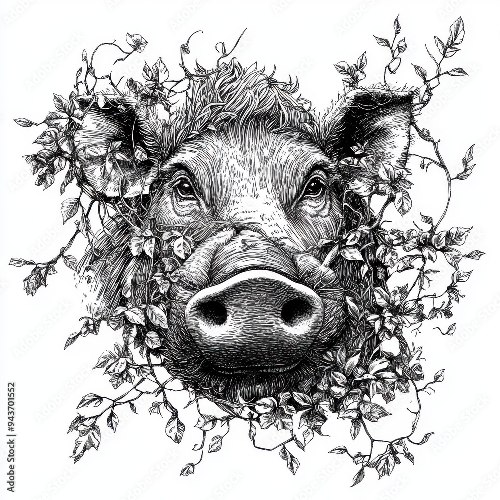 Black and white Vintage engraved art of a warthog partially obscured by ...