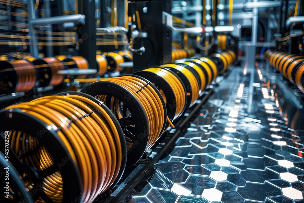 Submarine Cable Assembly. Close-up of submarine cable spools in ...
