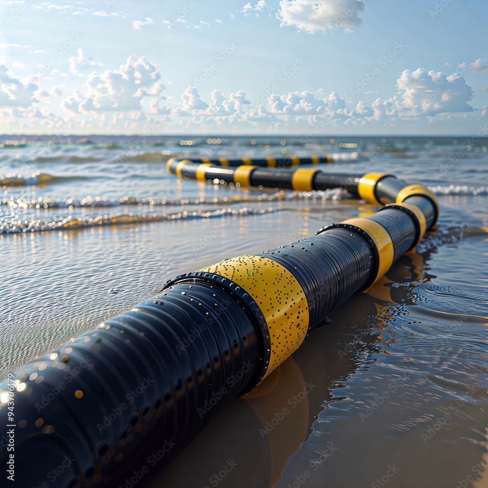 Undersea Cable Deployment. Large yellow and black striped submarine ...