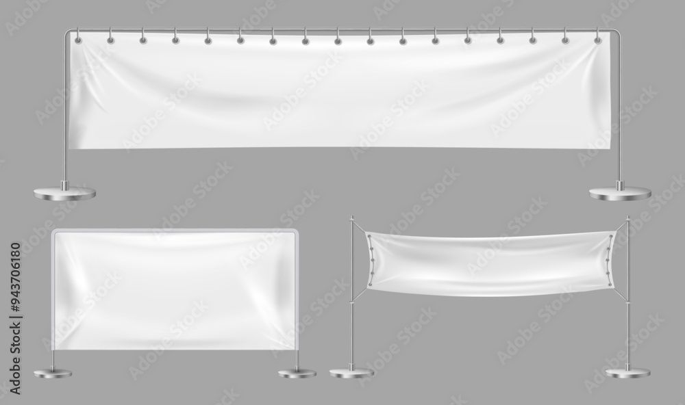 Empty blank textile banners with standing poles. Vector isolated set of ...