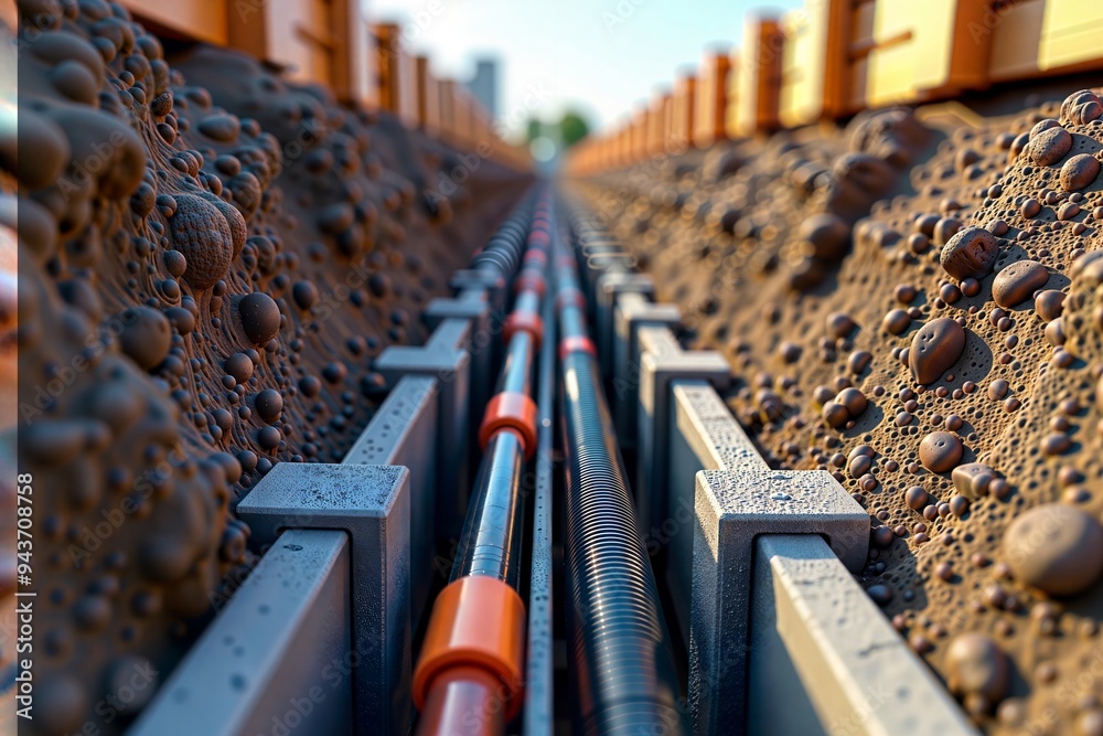 Underground Trench. Pipes and cables in a concrete trench surrounded by ...