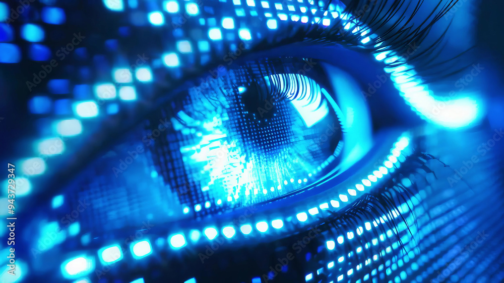 Digital human eye in cyberspace representing security, observation ...