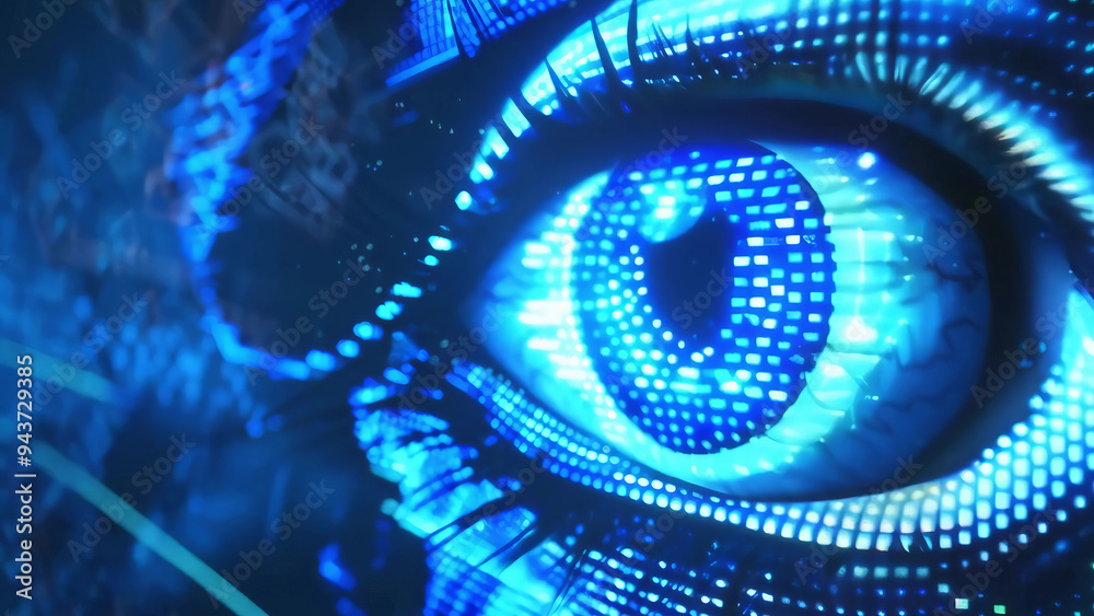 Digital human eye in cyberspace representing security, observation ...