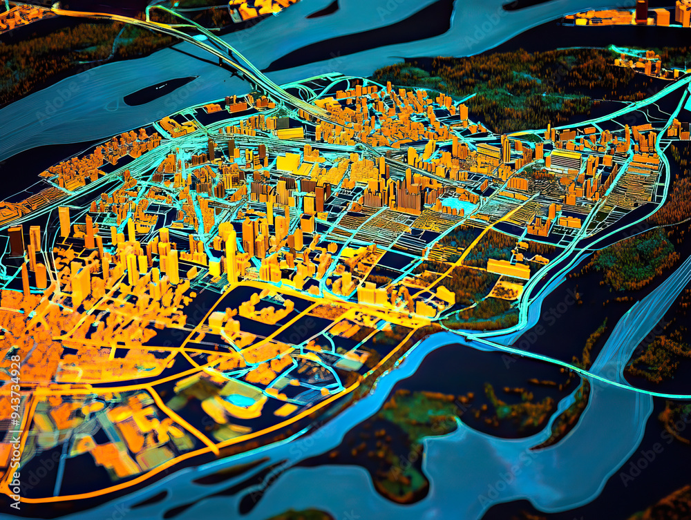 Technical aerial visual, 3D LiDAR GIS aerial map satellite scan model ...