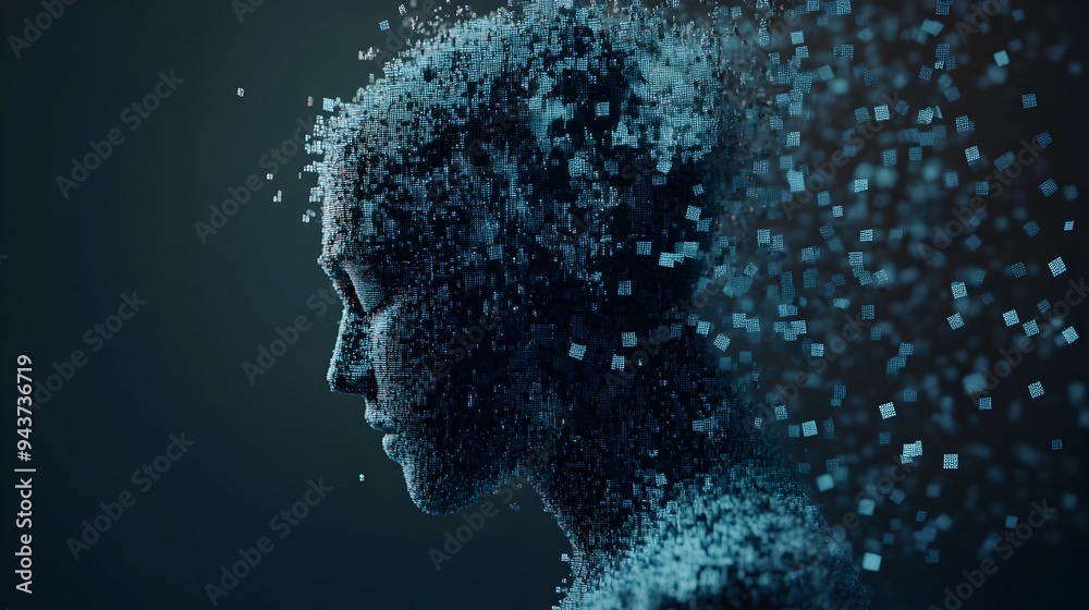 Digital figure dissolving into a pixelated pattern symbolizing the ...