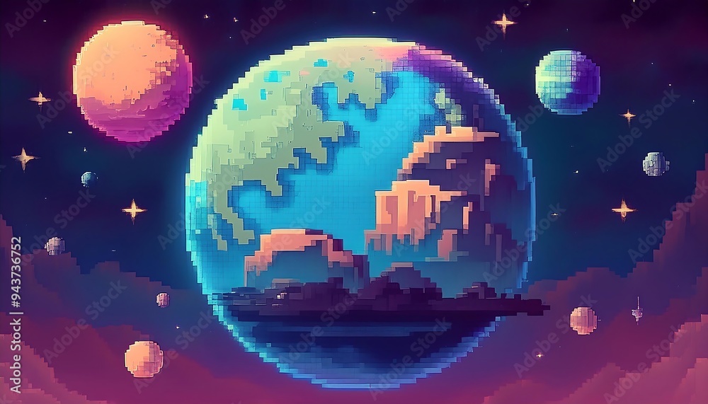Pixelated Planet and Moon- A simple pixel art design featuring a large ...