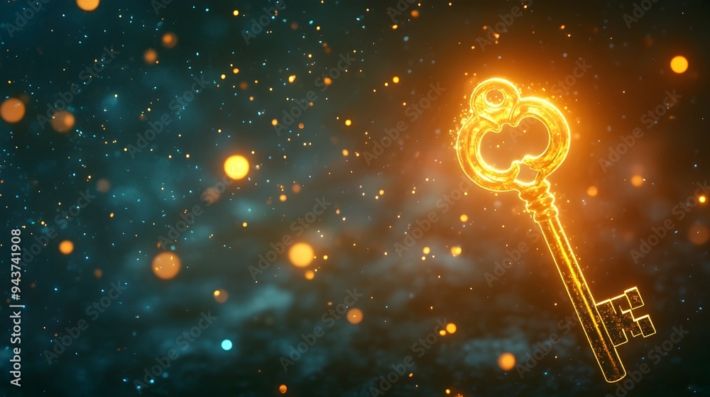 Glowing key floating in the air symbolizing an unlocked potential and ...