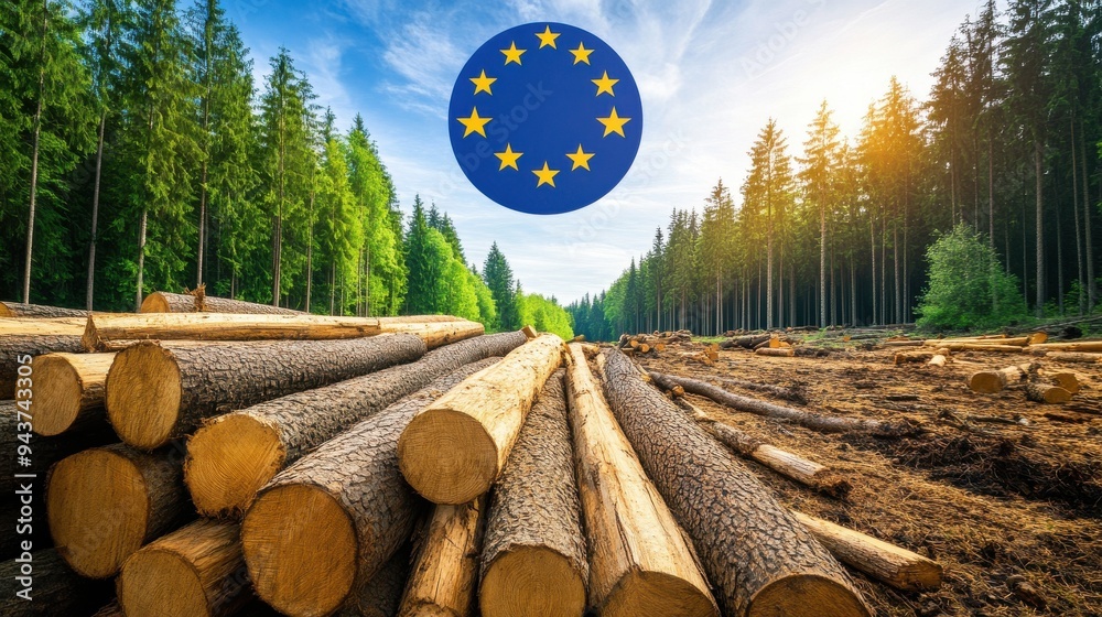 European Union Flag Over Deforestation Timber Log Pile Forest ...