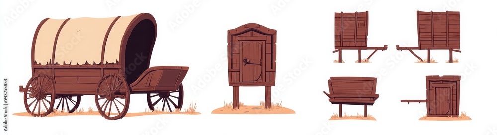 This is a fantastic illustration depicting wooden wagons, roofed tent ...