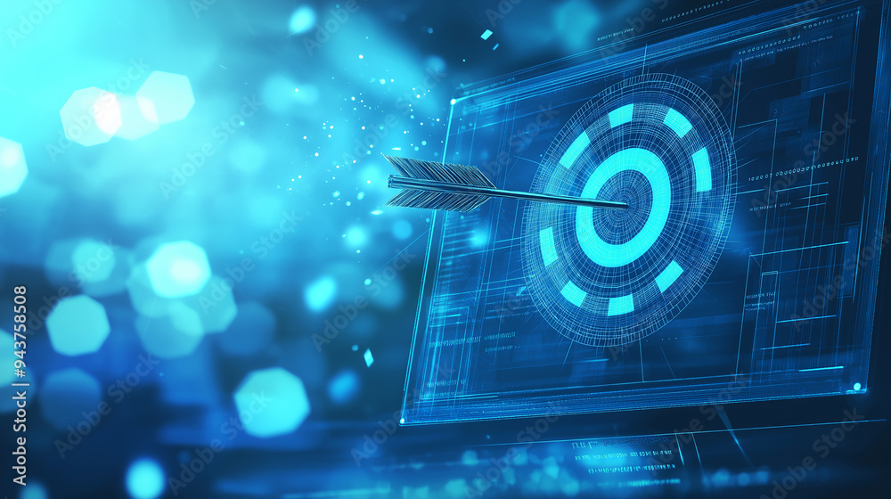 Business concept. Arrow on target board on computer monitor screen. The ...