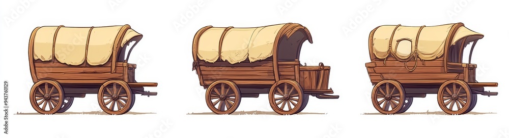 Illustration depicting wooden wagons, roofed tent wagons, farm ...