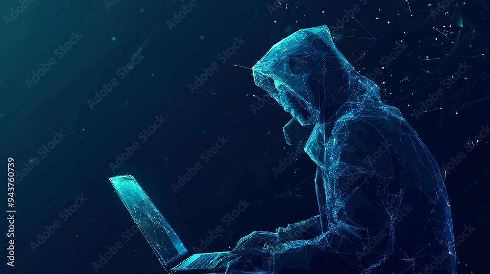 Hacker with laptop. Low poly wireframe on technology background ...