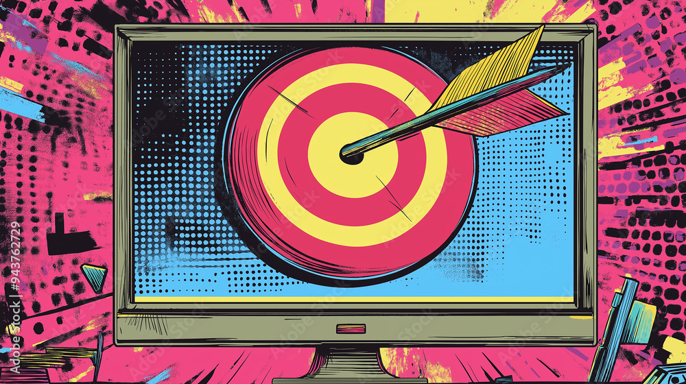 Business concept. Pop art arrow on target board on computer monitor ...