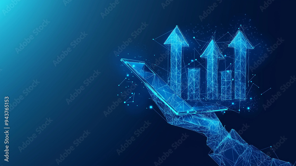 Business concept. Tablet with arrow up signs. Upward movement of ...