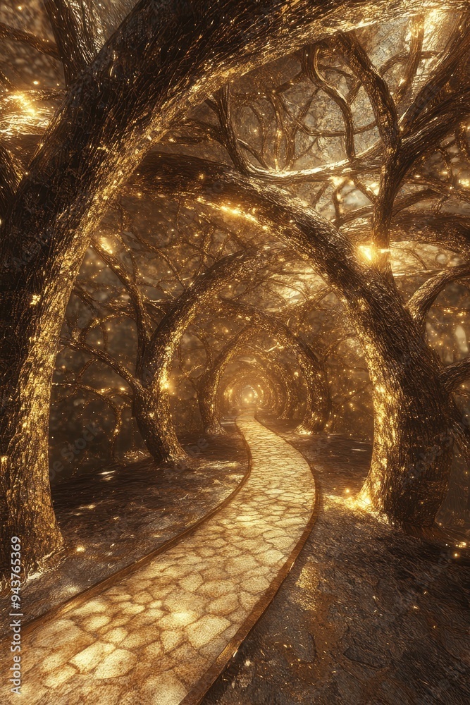 Golden Forest Path - Enchanted Tree Tunnel with Glowing Lights and ...