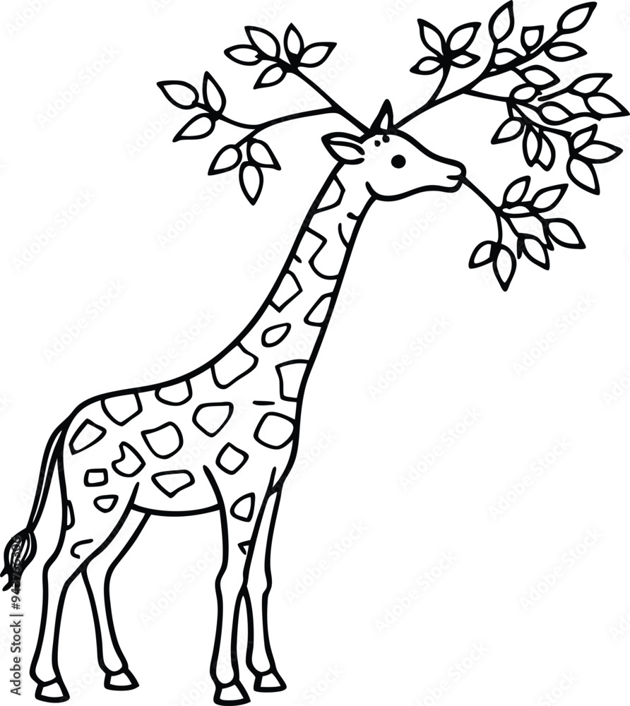 Cute giraffe stretching to nibble a leaf outlined for kids to color in ...