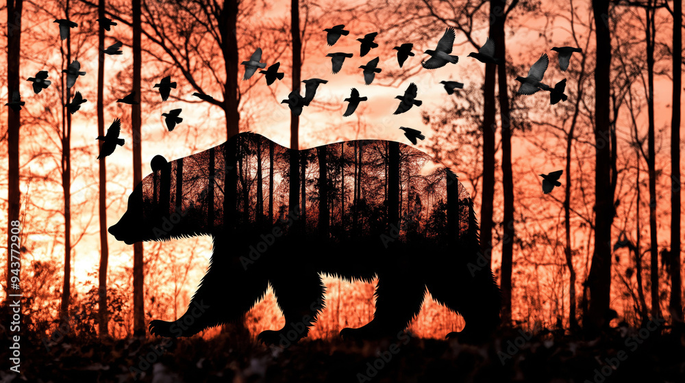 Silhouette of a bear overlays a forest scene with flying birds against ...