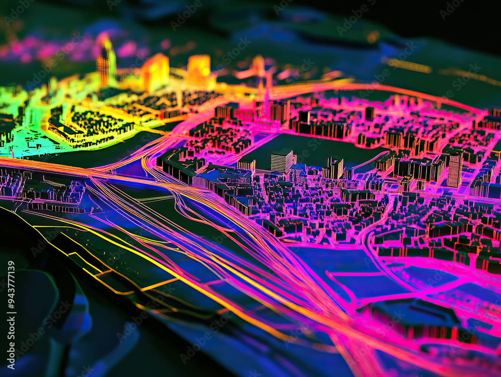 Technical aerial visual, 3D LiDAR GIS aerial map satellite scan model ...
