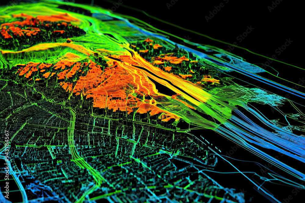 Technical aerial visual, 3D LiDAR GIS aerial map satellite scan model ...
