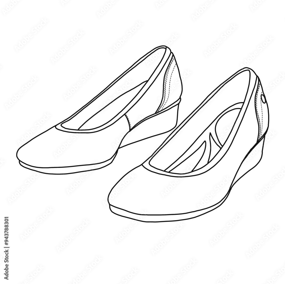 Women's Wedge Low Heels Square Close Block Toe Pumps Shoes Line art ...