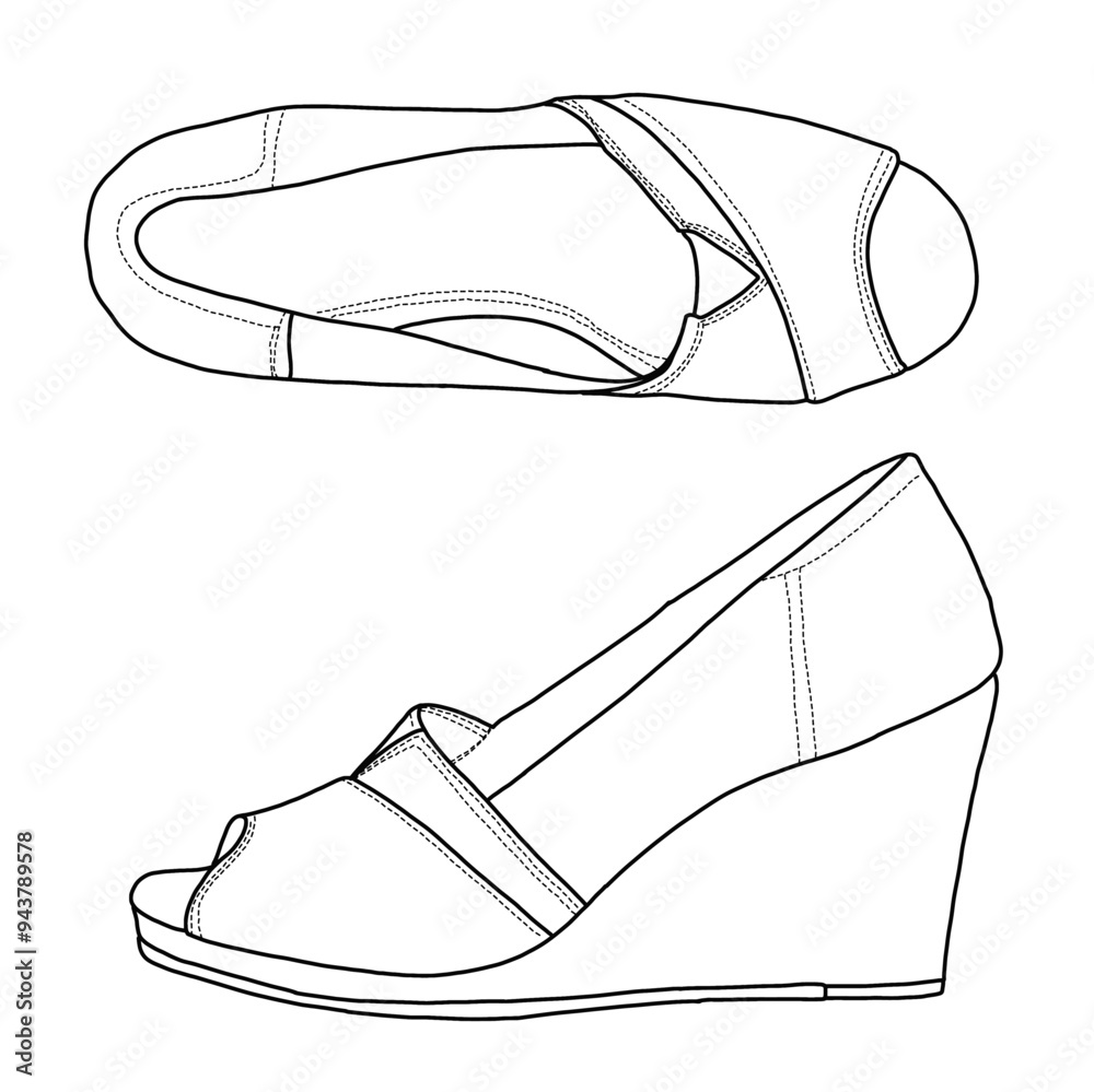 Women's Classic Wedge Sandal Line art,Technical sketch hand drawing ...