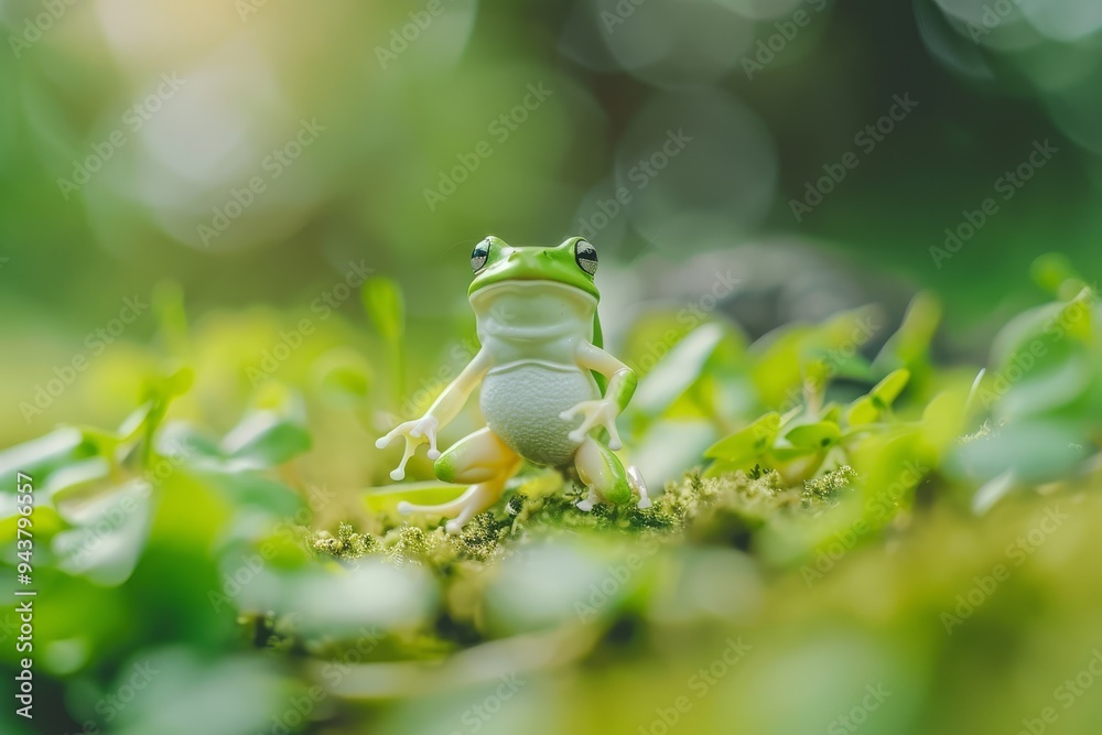 A green anthropomorphic frog teacher stands on a patch of green foliage ...