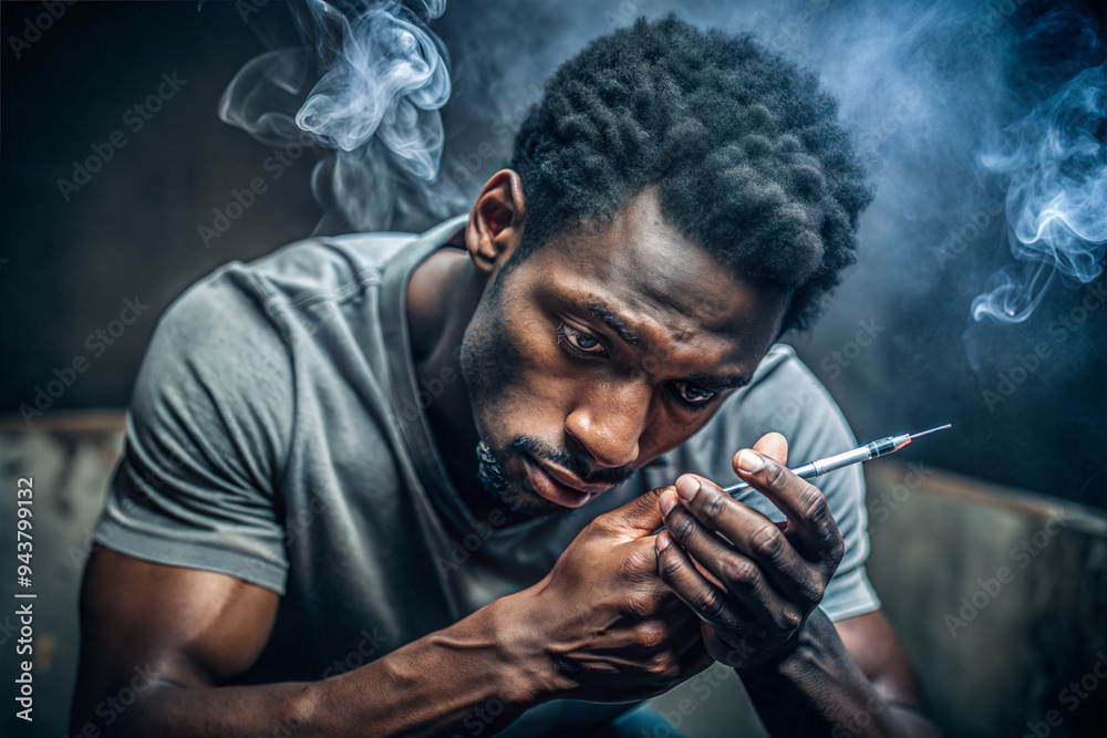 Drug addict black man with syringe using drugs. Dark room inside with ...