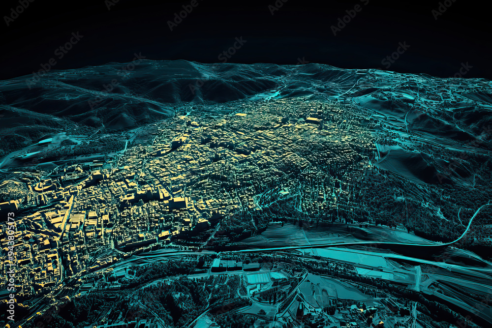 Technical aerial visual, 3D LiDAR GIS aerial map satellite scan model ...