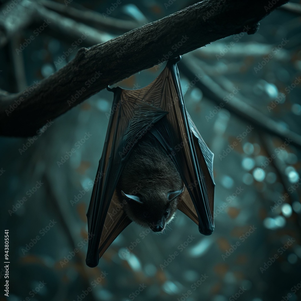 Suspended bat hanging from a tree branch in a dark, mysterious forest ...