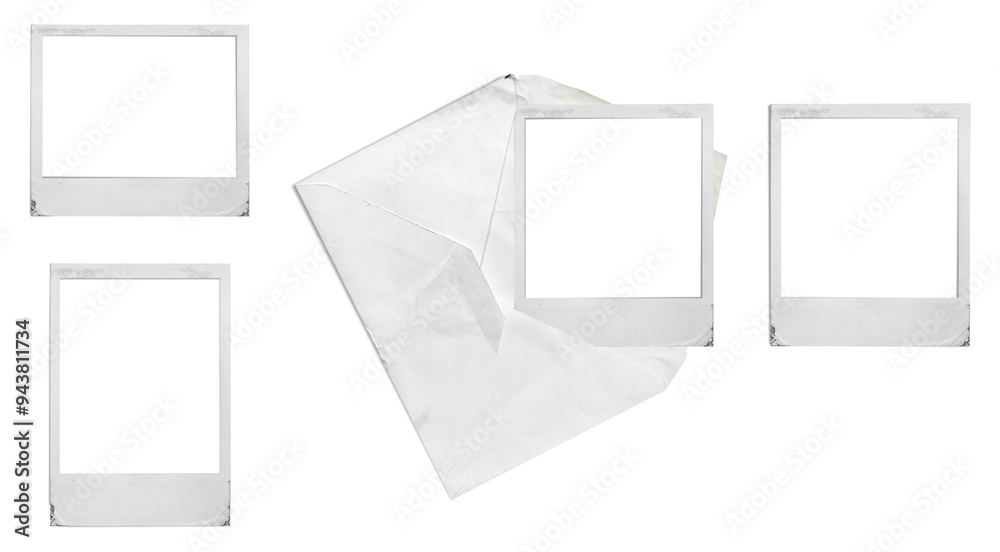 Set of old real Polaroid photos with worn corners: in a crumpled ...