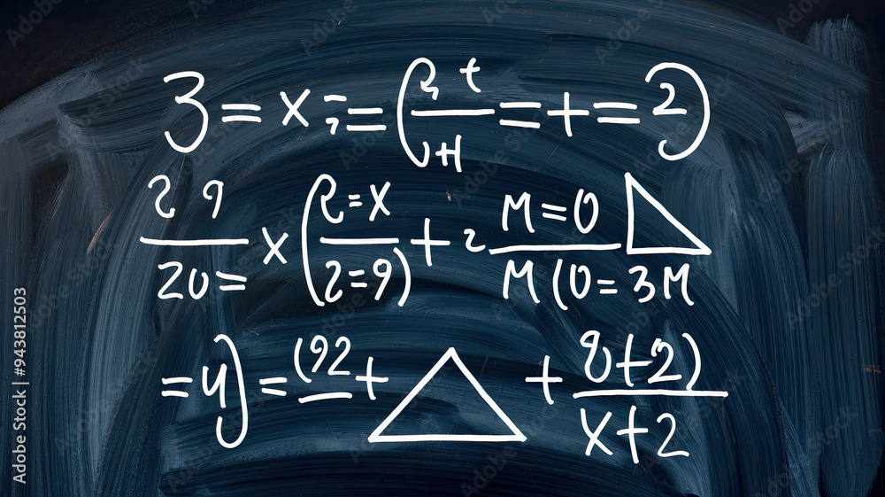 Math equations written in white chalk on a dark chalkboard background ...