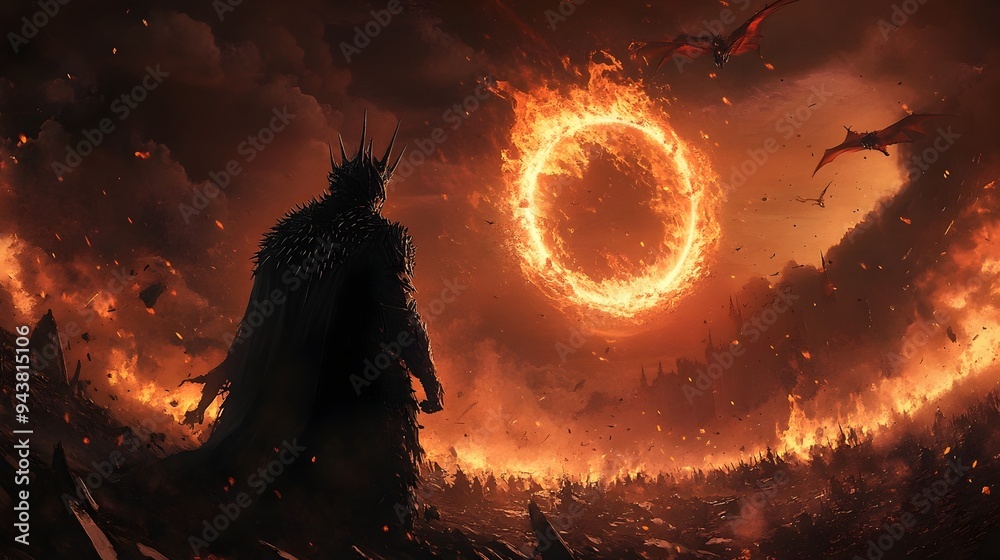 Dark Lord Wielding Radiant Ring Amid Flames and Dragons in Apocalyptic ...