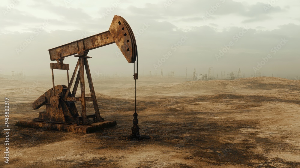 A barren landscape with only an old, rusted oil pump standing ...