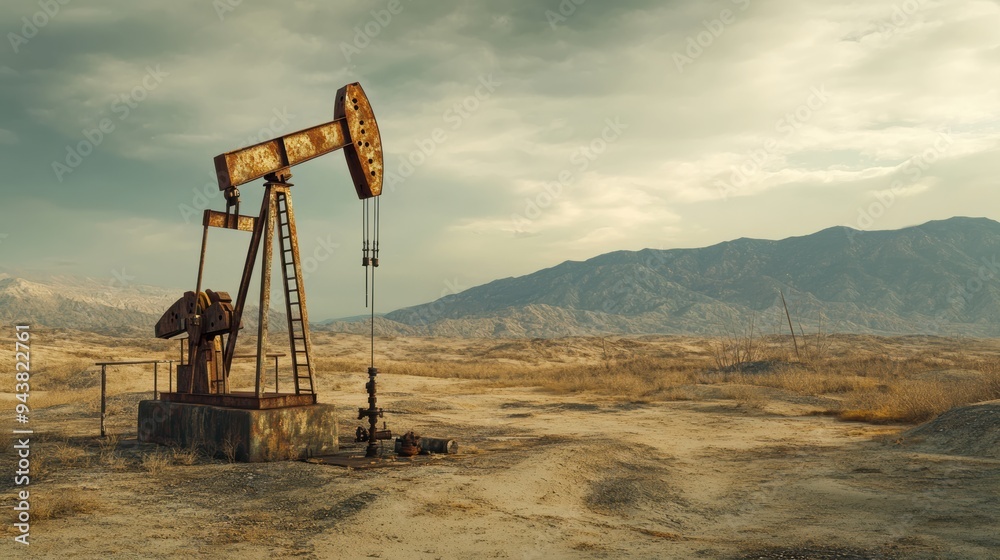 A barren landscape with only an old, rusted oil pump standing ...