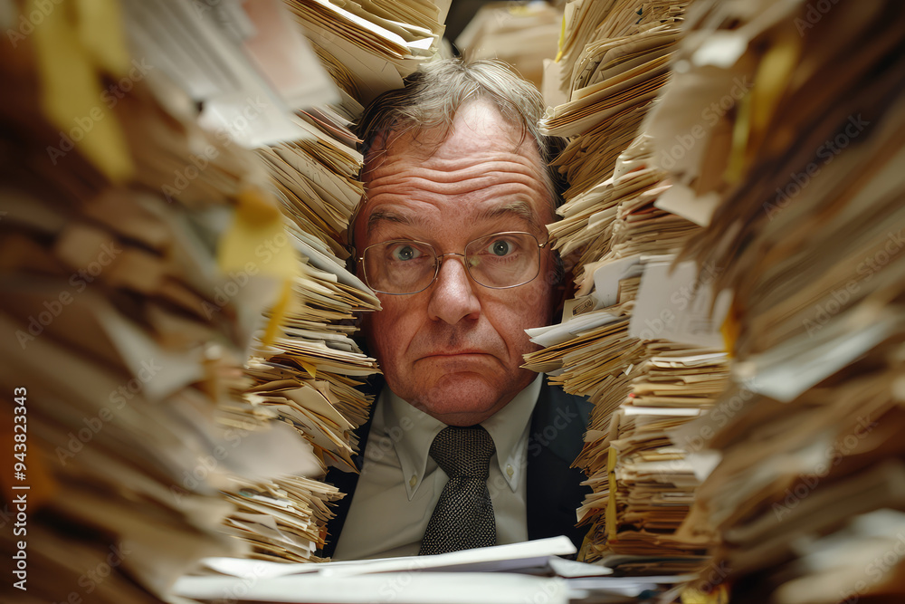 Trapped in paperwork, a businessman stares directly into the chaos ...