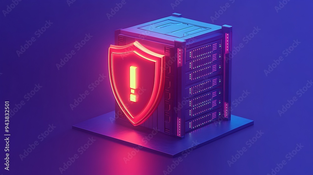 Bright neon glowing red shield with exclamation mark, representing ...
