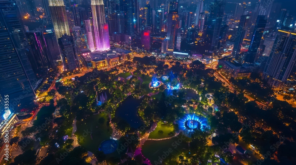 Night aerial view of the KLCC Park in Kuala Lumpur, Malaysia. The urban ...