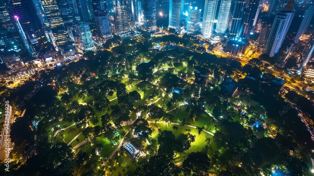 Night aerial view of the KLCC Park in Kuala Lumpur, Malaysia. The urban ...