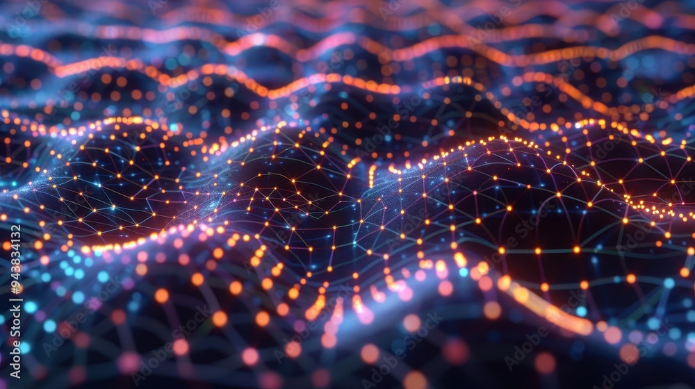 Abstract glowing network of connected nodes and lines forming a wavy surface, representing ...