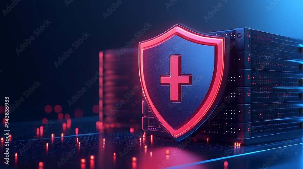 Cybersecurity concept with red shield and cross in data center ...