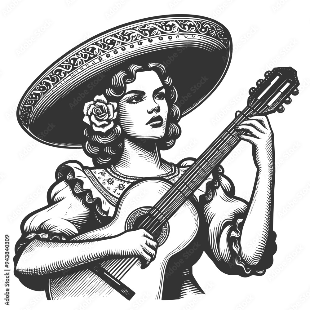 female mariachi musician playing guitar, sombrero and floral dress ...