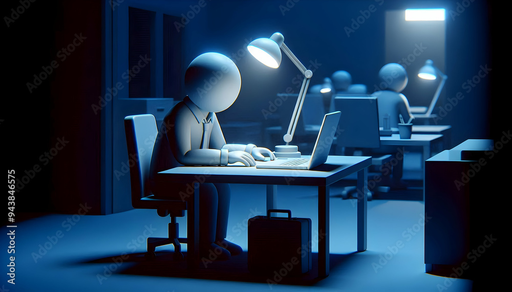 3D Employee working late in a dimly lit office focused on tasks concept ...